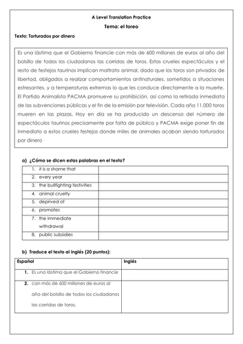Spanish A Level Translation Bundle: 20 Resources on 20 Different Topics ...