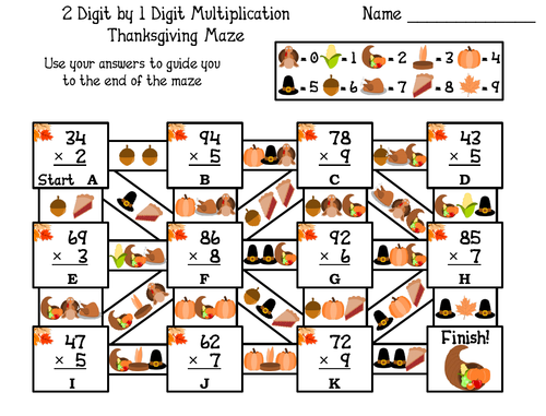 2 Digit by 1 Digit Multiplication Game: Thanksgiving Math Maze ...