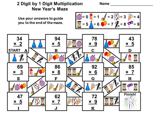 2 Digit by 1 Digit Multiplication Game: New Year's Math Maze | Teaching ...