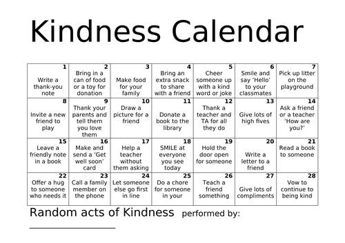 Kindness Calendar PSHCE | Teaching Resources