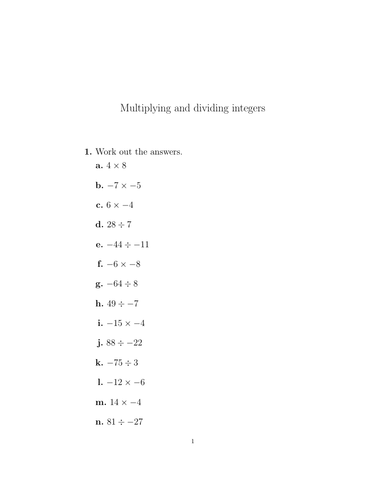 Multiplying and dividing integers worksheet no 3 (with answers ...