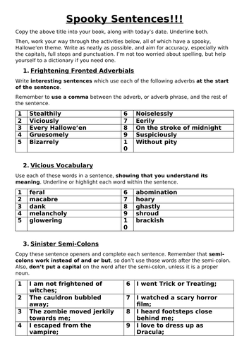 Spooky Sentences! A Hallowe'en themed sheet of activitie on fronted ...