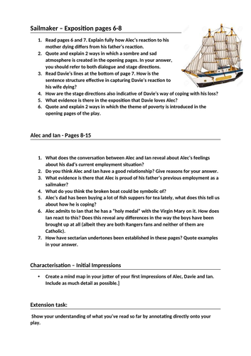 Sailmaker, by Alan Spence. Comprehension Question Worksheets and Theme ...