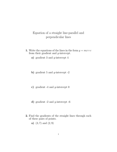 Equation of a straight line-parallel and perpendicular lines worksheet ...