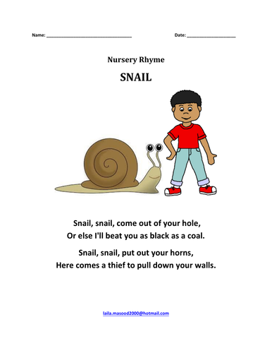 Nursery Rhyme: 'Snail' with Colouring page. | Teaching Resources