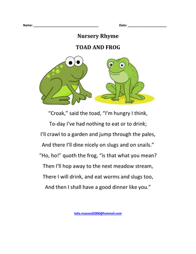 Nursery Rhyme: 'Toad and Frog' with colouring page. | Teaching Resources