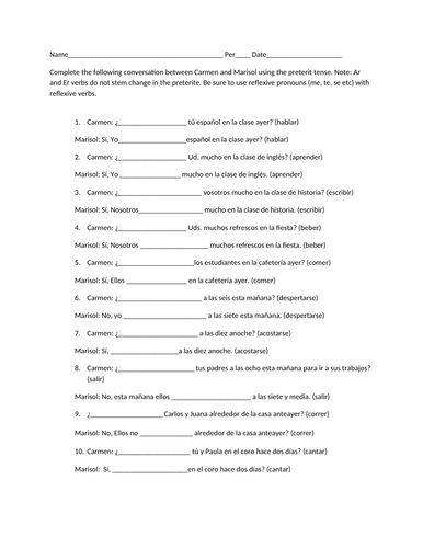 Regular preterit conversation worksheet | Teaching Resources