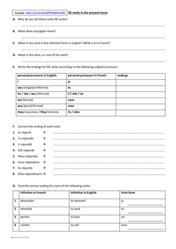 KS3/KS4 French Regular RE Verbs (+ video) | Teaching Resources