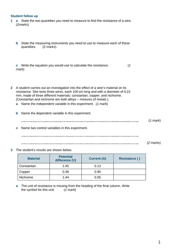 Potential Difference and Resistance (inc RP Resistance of a Wire ...