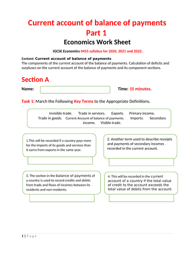 Current account of balance of payments Part 1 Work Sheet. IGCSE ...