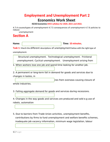 Work Sheet IGCSE Economics - Employment and Unemployment Part 2 ...