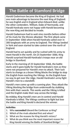 Battle of Stamford Bridge Worksheet | Teaching Resources