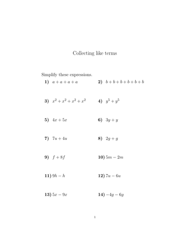 Collecting like terms worksheet no 3 (with solutions) | Teaching Resources