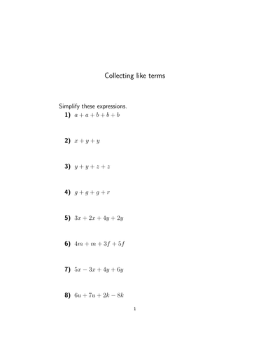 Collecting like terms-expressions with different variables worksheet no ...