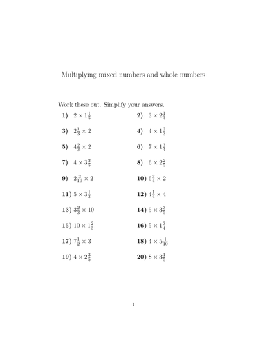 Multiplying mixed numbers and whole numbers worksheet no 4 (with ...