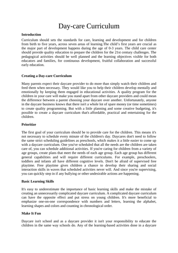 Day-care Curriculum | Teaching Resources