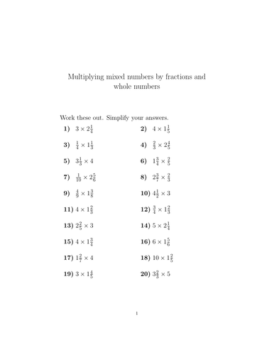 Multiplying mixed numbers by fractions and whole numbers worksheet ...