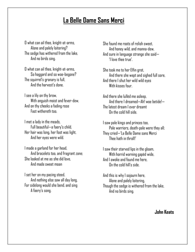 La Belle Dame Sans Merci - John Keats - Double Lesson! | Teaching Resources