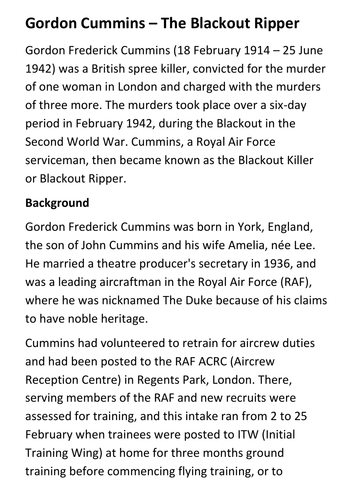 Gordon Cummins – The Blackout Ripper Handout | Teaching Resources