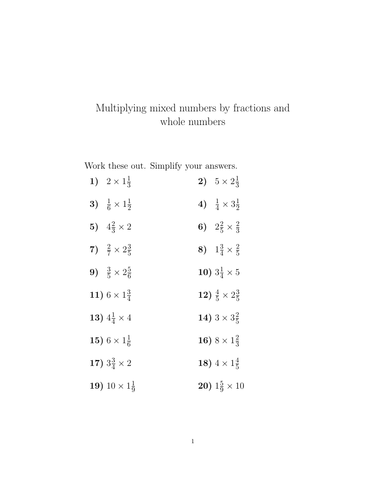 Multiplying mixed numbers by fractions and whole numbers worksheet no 2 ...