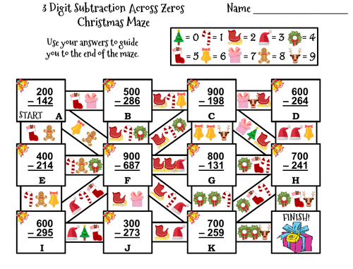 3 Digit Subtraction Across Zeros Game: Christmas Math Maze | Teaching ...