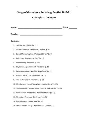 CIE Poetry Anthology Songs of Ourselves - Student Booklet | Teaching ...
