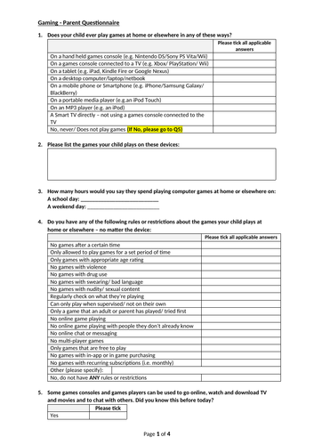 E safety Questionnaire Gaming Questionnaire | Teaching Resources