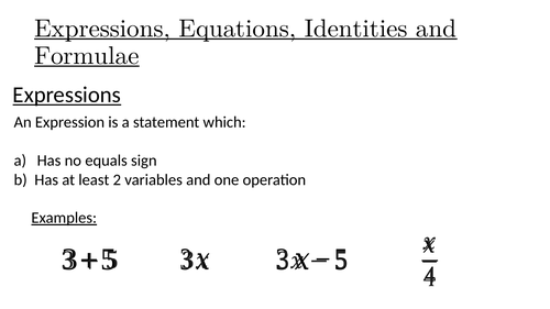 Expressions, Equations, Identities and Formulae | Teaching Resources