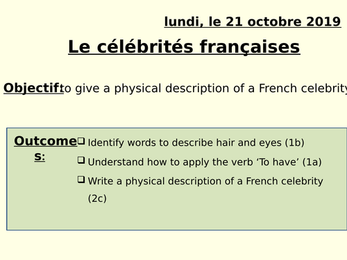 Hair and eyes - Describing French celebrities y7 French | Teaching ...
