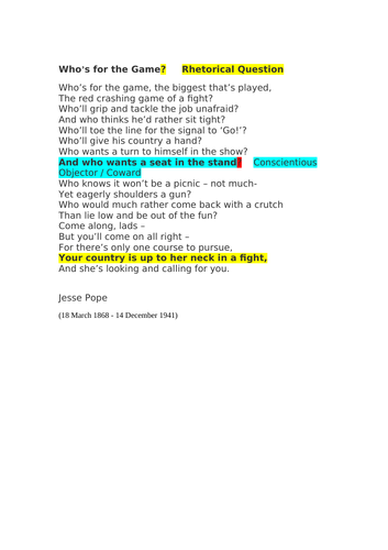 World War I Poetry: 'Who's for the Game?' | Teaching Resources