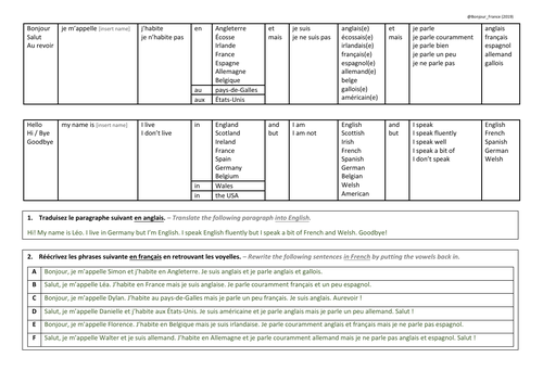 KS3 French - Introducing Yourself (+ answers) | Teaching Resources