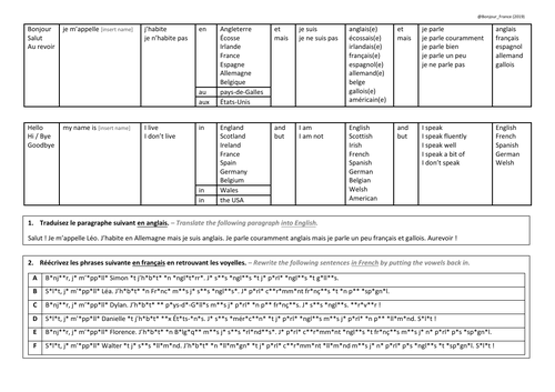 KS3 French - Introducing Yourself (+ answers) | Teaching Resources