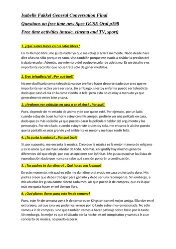 Spanish GCSE module 4 oral questions grade 9 | Teaching Resources