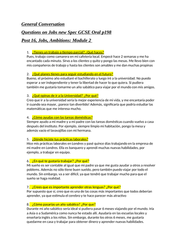 Spanish GCSE module 7 oral questions grade 9 | Teaching Resources