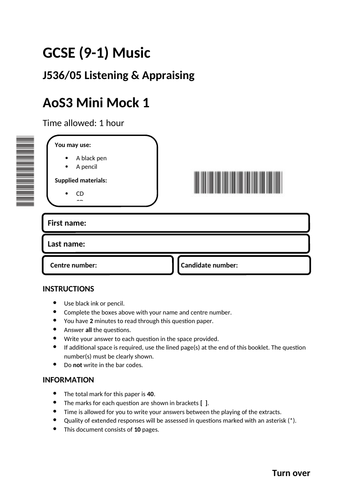 40 Mark OCR Music 9-1 'Mini' Exam all on AoS 3 - Rhythms of the World ...