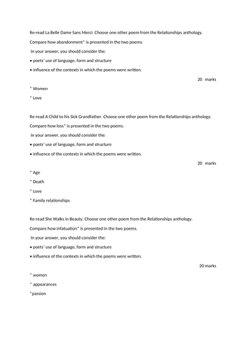 Edexcel Language GCSE 9-1 Relationship Poetry Questions | Teaching ...