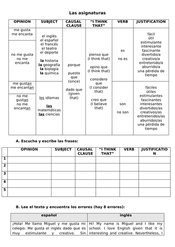 Spanish KS3 el colegio y las asignaturas writing & speaking mat ...