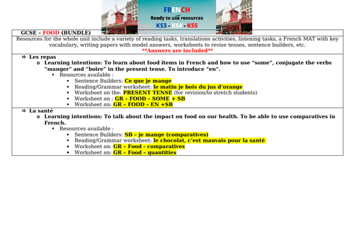 French GCSE food (WHOLE UNIT) | Teaching Resources