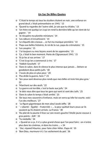Un Sac de Billes - key quotes and page numbers | Teaching Resources