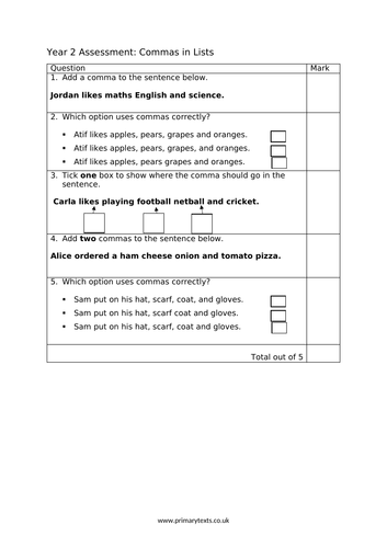 Year 2 Commas in lists: PPT Lesson and Assessment | Teaching Resources