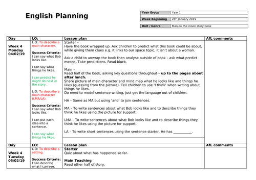 Man on the Moon book English Planning Year 1 | Teaching Resources