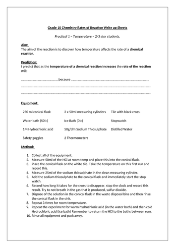 Rates of Reaction -Temperature Practical | Teaching Resources
