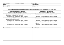 A Level Film Studies: Assessment sheet for coursework in progress ...