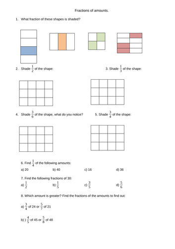 Fractions of amounts revision worksheet | Teaching Resources