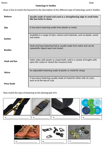 Fastenings in Textiles Worksheets | Teaching Resources