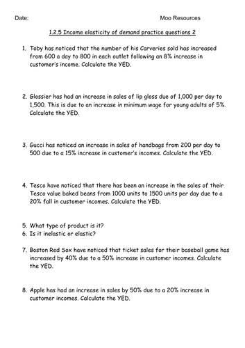 EDEXCEL Alevel Business 1.2.5 Income elasticity of demand YED practice ...