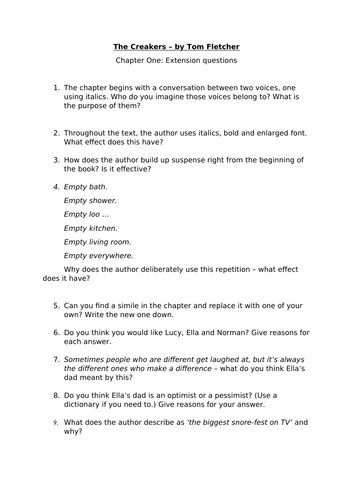 The Creakers Tom Fletcher Chapter 1 text, questions and activities ...