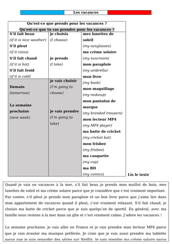 French - KS3 - holiday vacances - near future (Allez 1 7.2) | Teaching ...