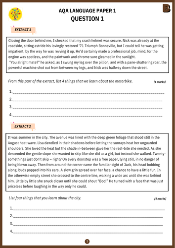 AQA Language Paper 1, Question 1 and 2 | Teaching Resources