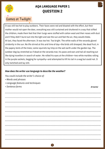 AQA Language Paper 1, Question 1 and 2 | Teaching Resources